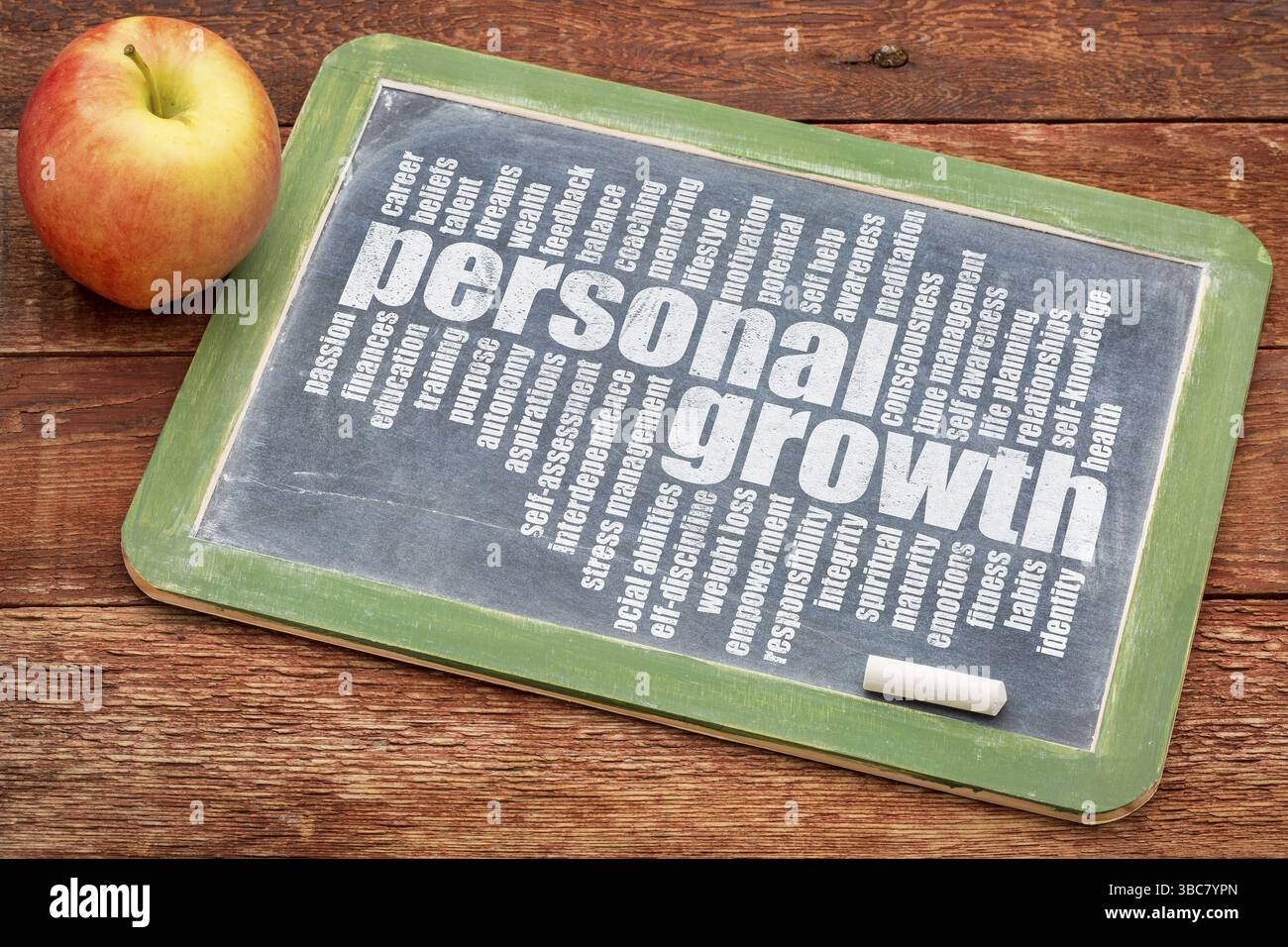 Personal growth word cloud on a slate blackboard with apple Stock Photo ...