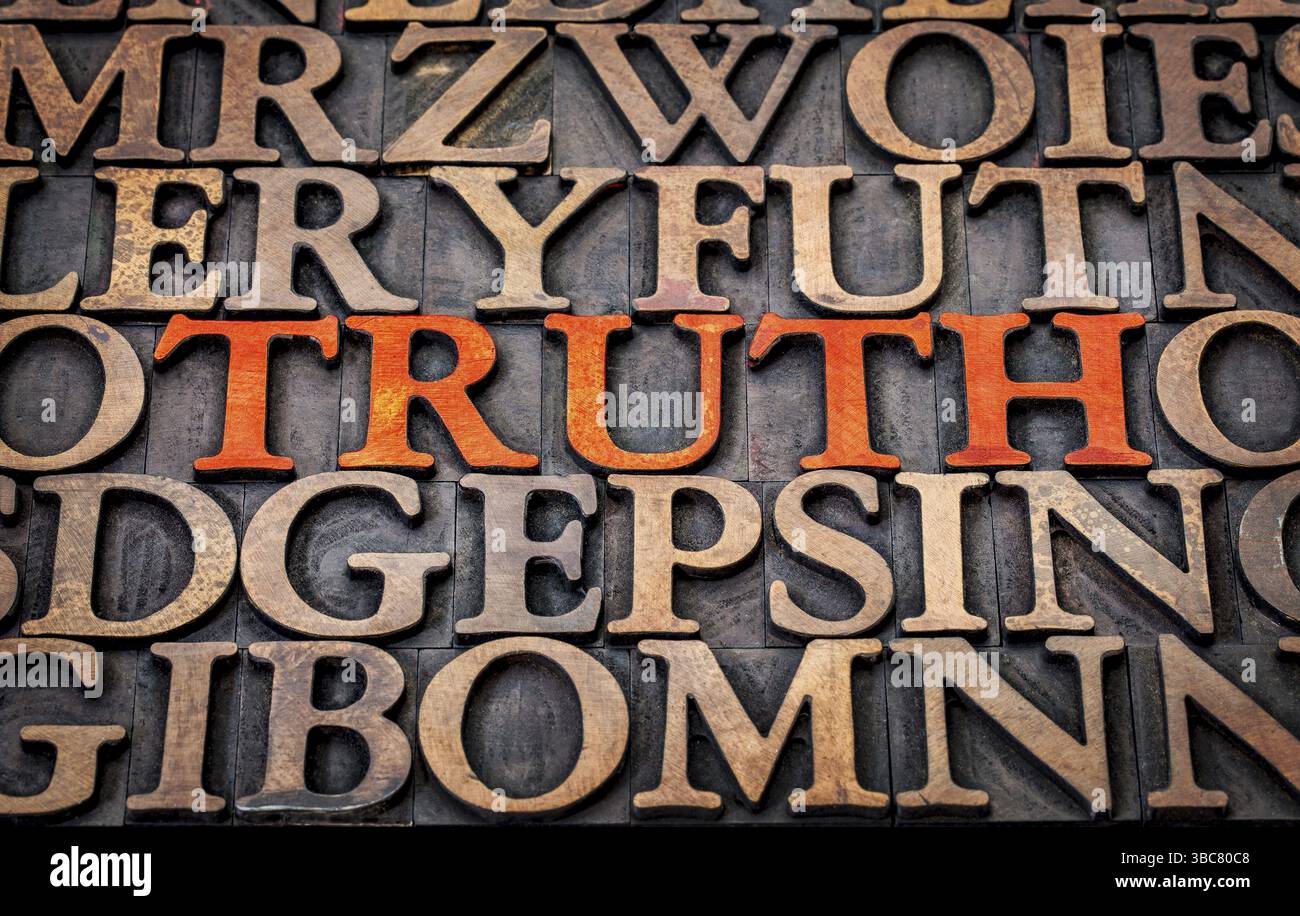 Truth word abstract in wood type printing blocks stained by red ink ...