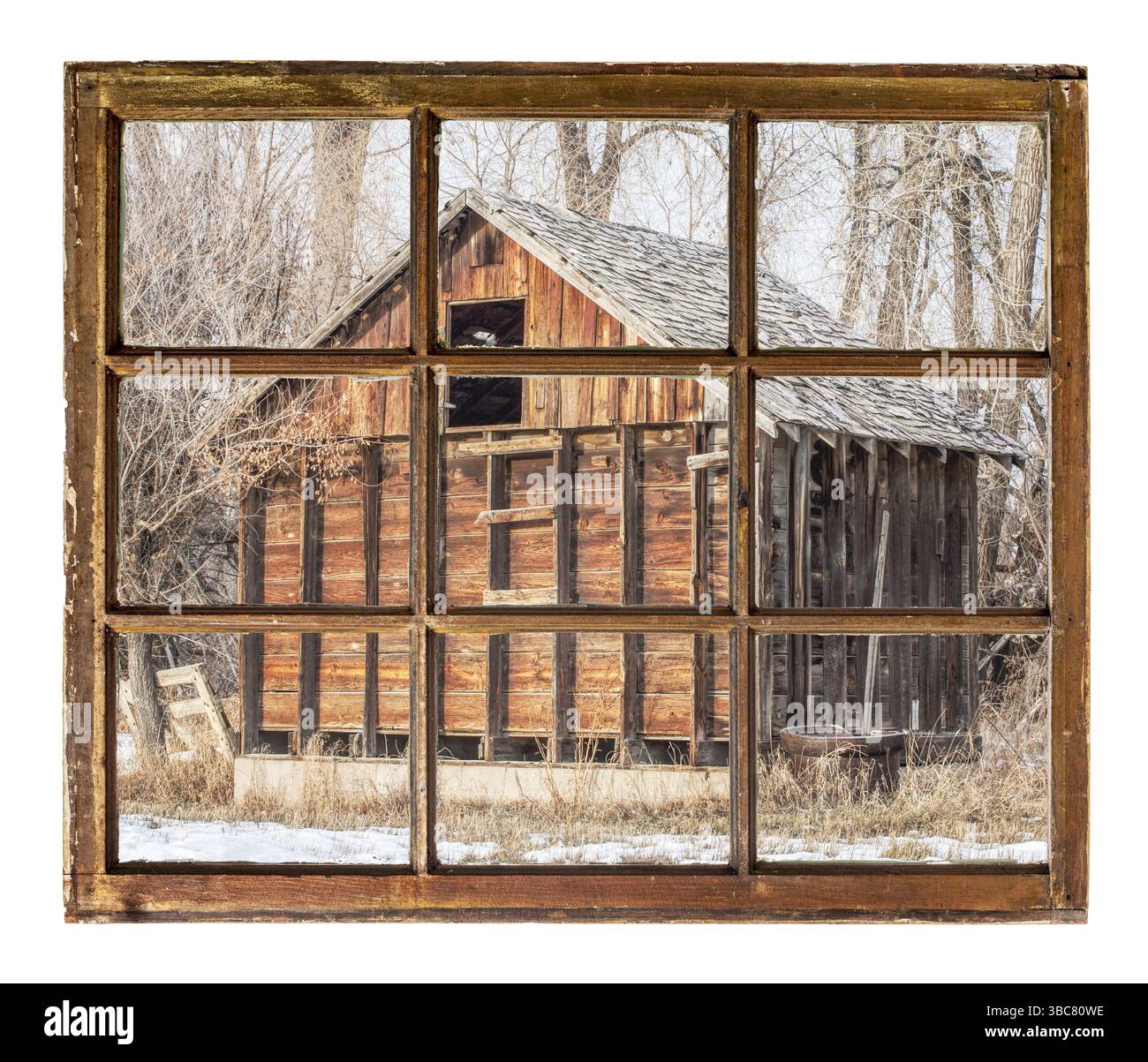 Old rustic barn in cottonswoods as seen through vintage, grunge, sash ...