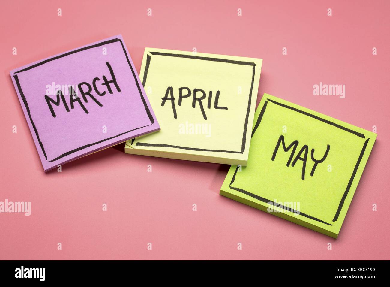 March, April and May - handwriting in black ink on sticky notes against ...