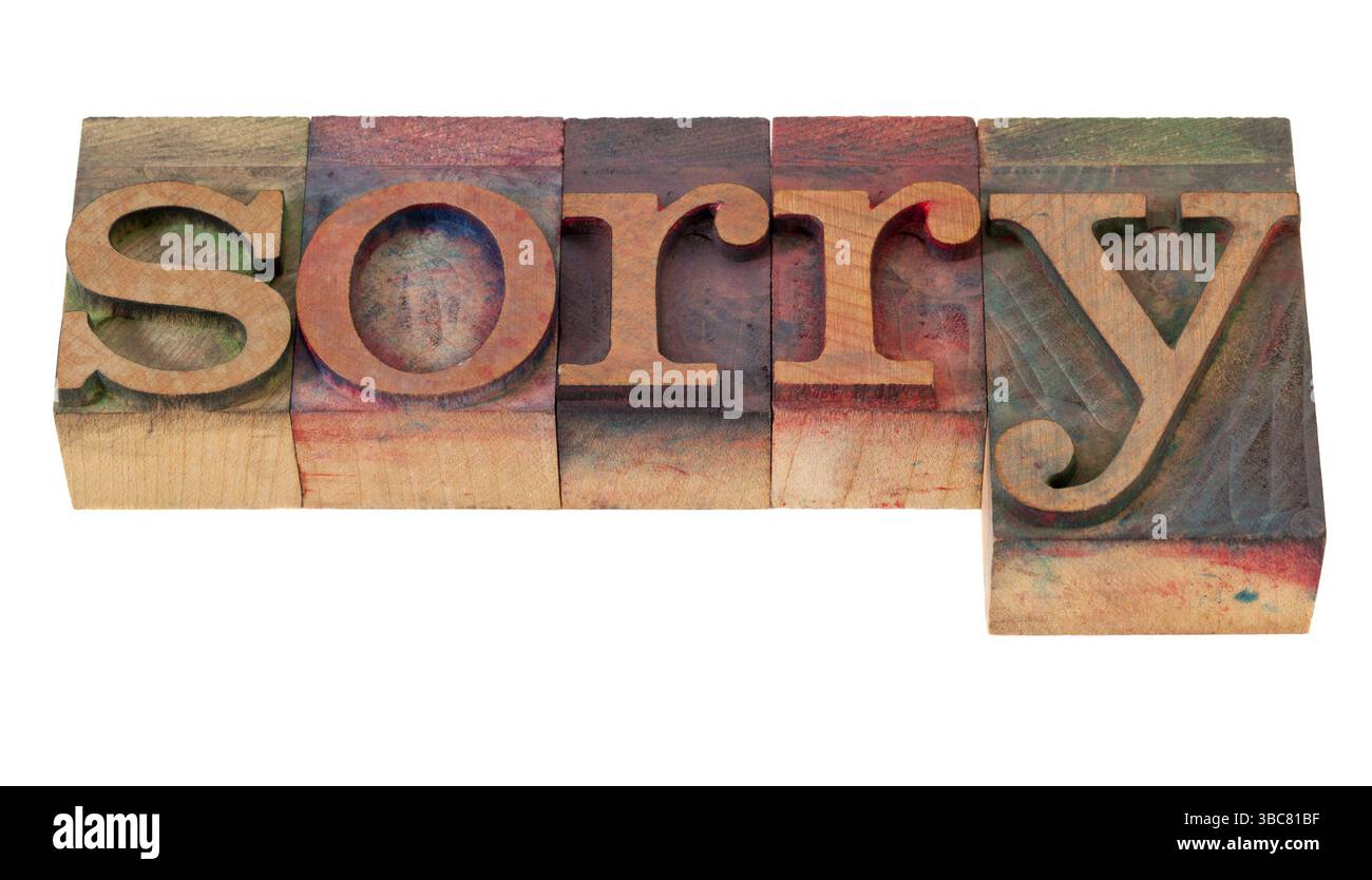 Sorry - word in vintage wooden letterpress printing blocks, stained by ...