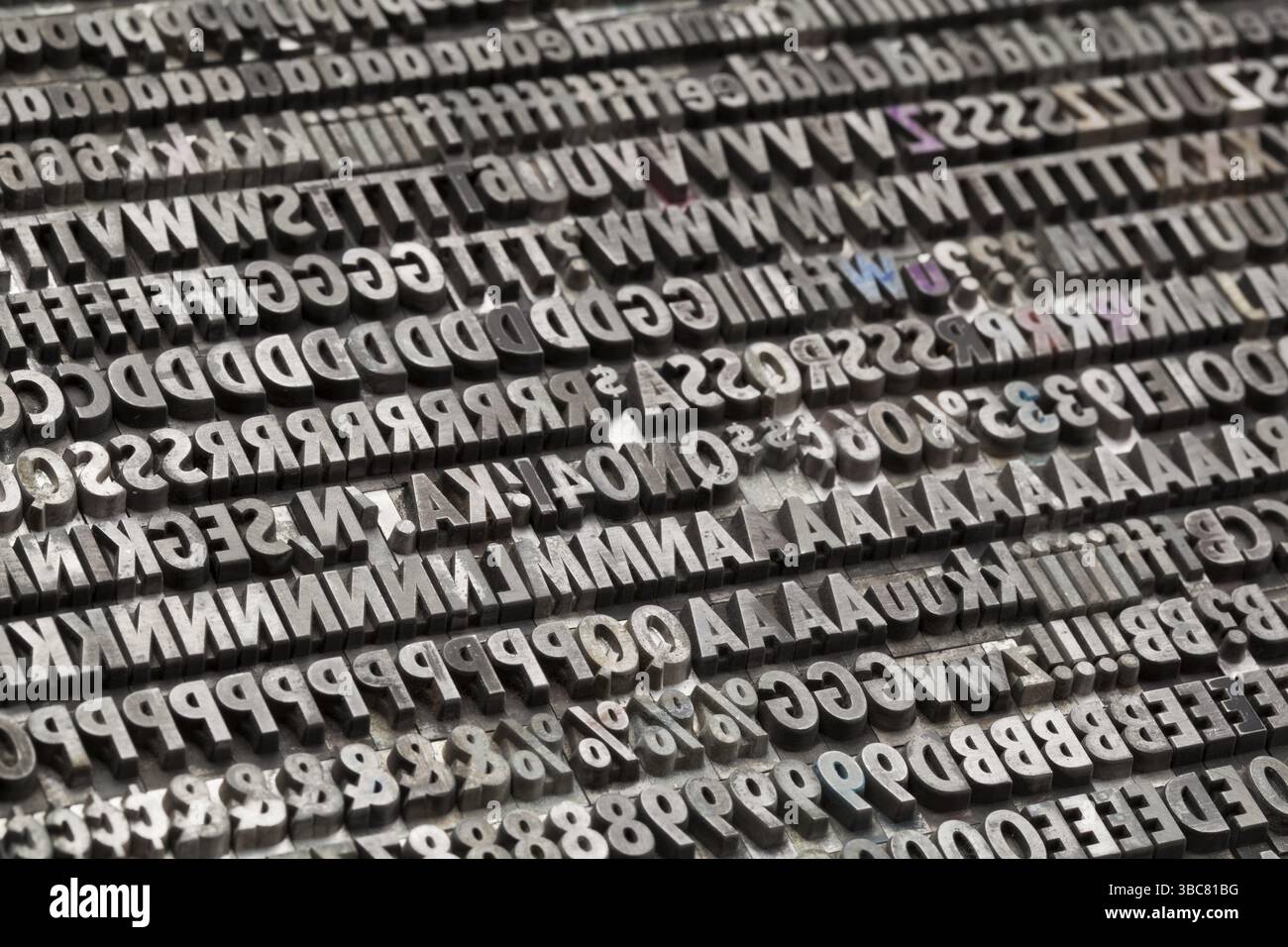 Letters, numbers and punctuation symbols in old grunge metal movable ...