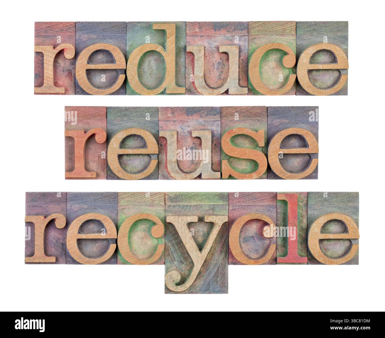 Reduce, reuse and recycle - isolated word abstract in vintage wooden letterpress type blocks ...