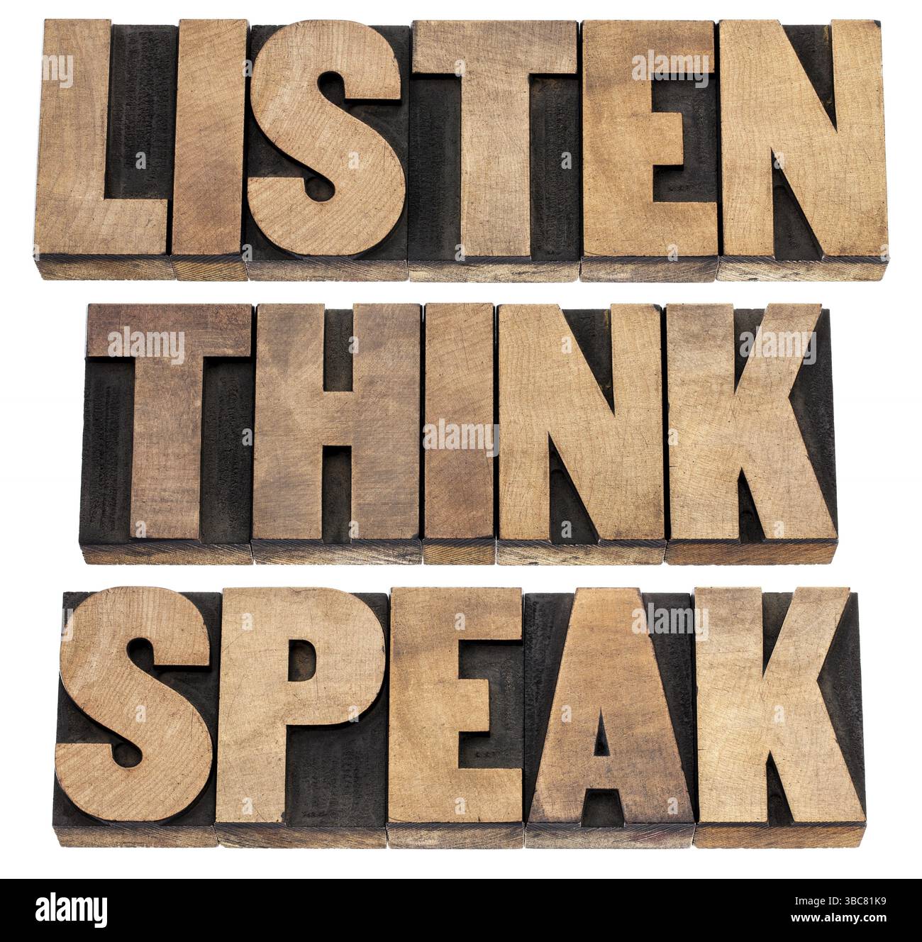 Listen, think, speak - communication concept - isolated text in vintage ...