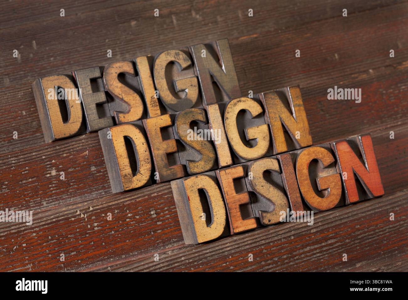 Design word abstract in vintage wood letterpress printing blocks placed ...