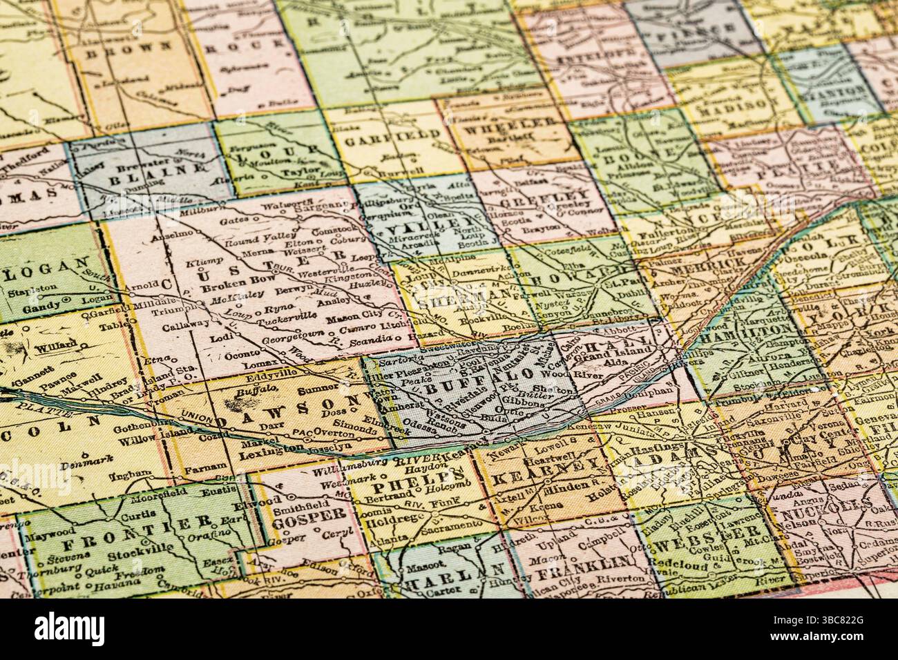 Central Nebraska with Platte River on vintage 1920s map, selective ...