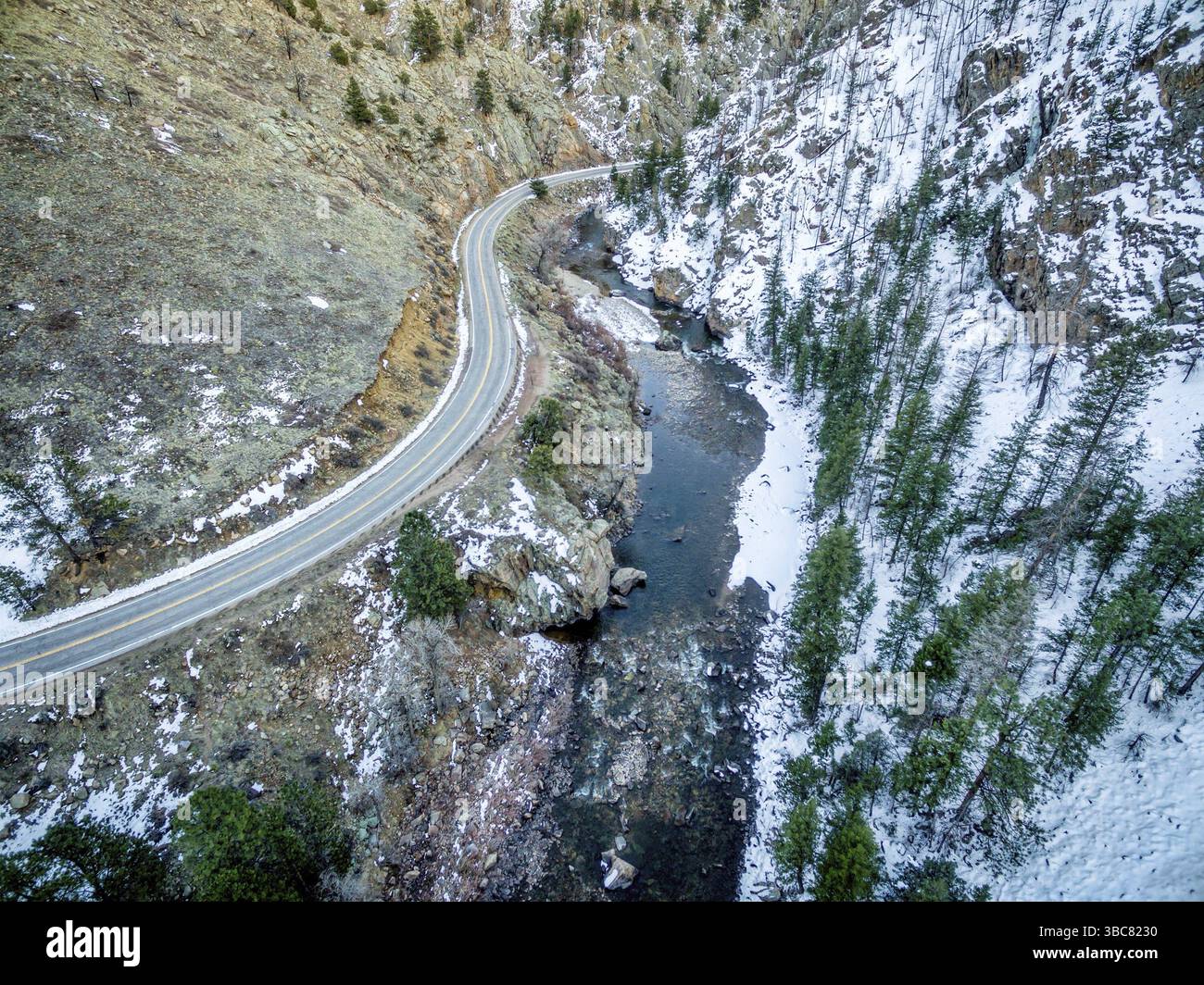 Aerial view of Cache la Poudre River at Big Narrows west of Fort ...