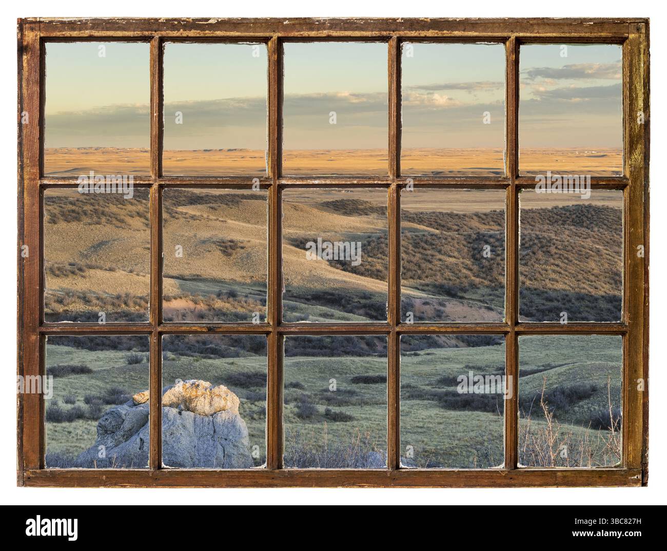 Prairie at sunset in Colorado foothills as seen through vintage, grunge ...