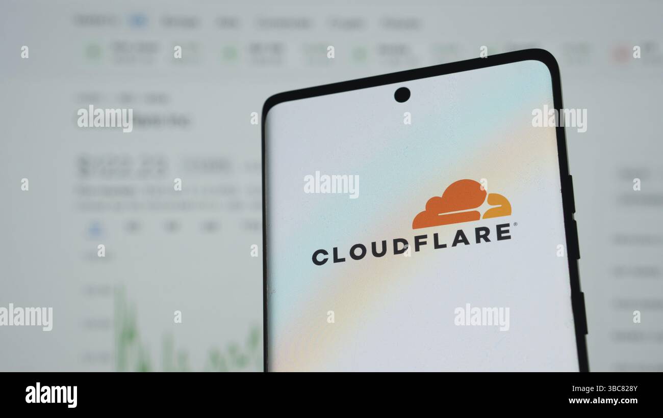 Dhaka, Bangladesh 16 May 2025: Smartphone with webpage of US ICT company Cloudflare Inc. on ...