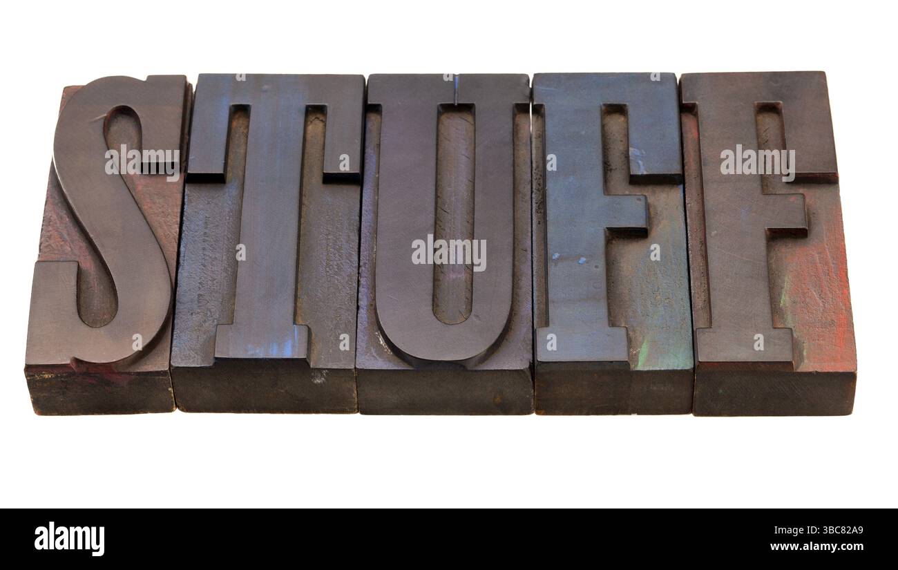 Stuff word in antique wooden letterpress printing blocks, stained by ...