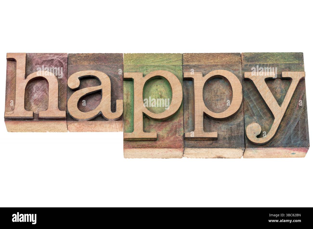 Happy word typography - isolated text in letterpress wood type Stock ...