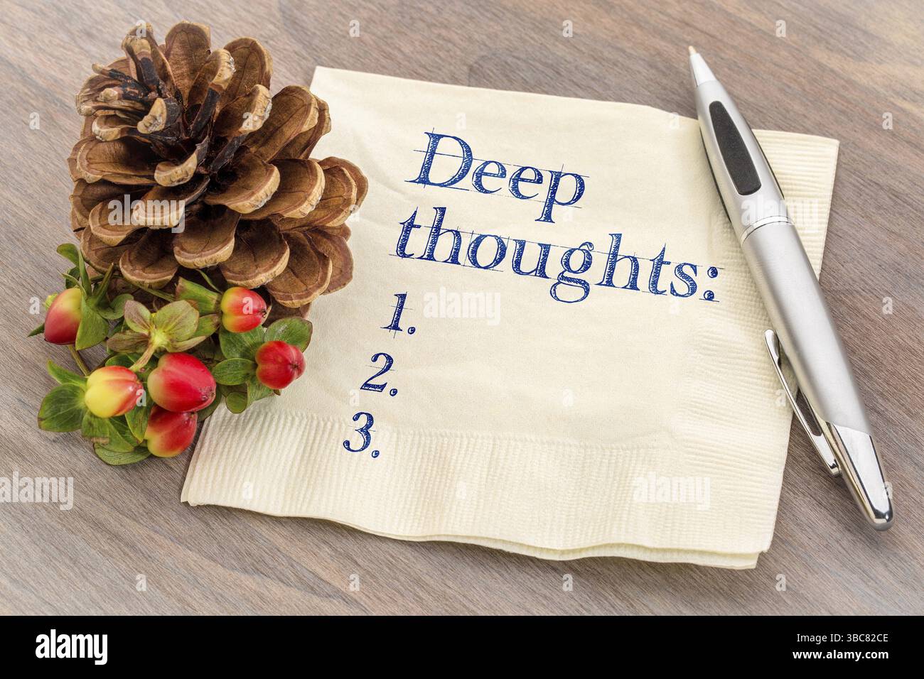 Deep thoughts list - handwriting on a napkin with a pine cone Stock ...