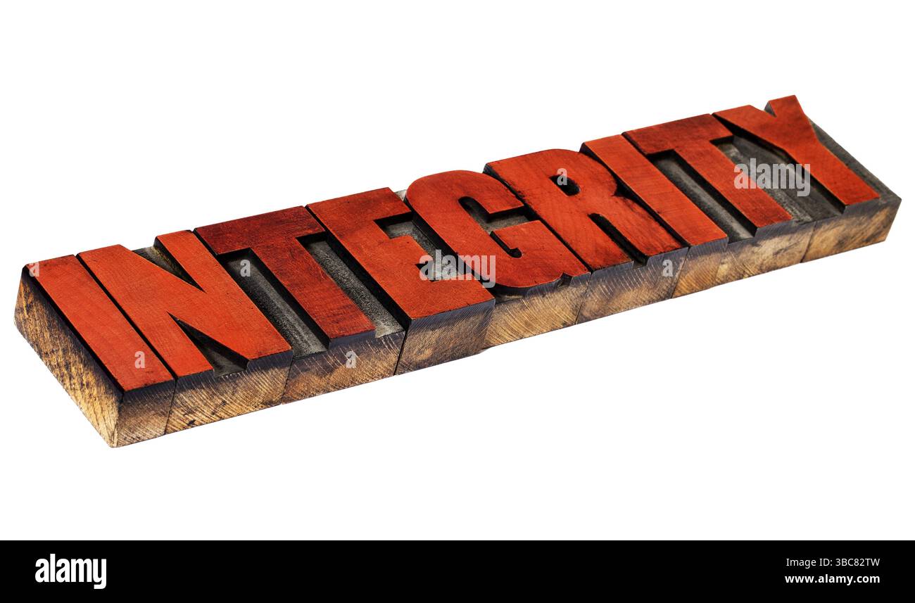Integrity word abstract - isolated text in vintage letterpress wood ...