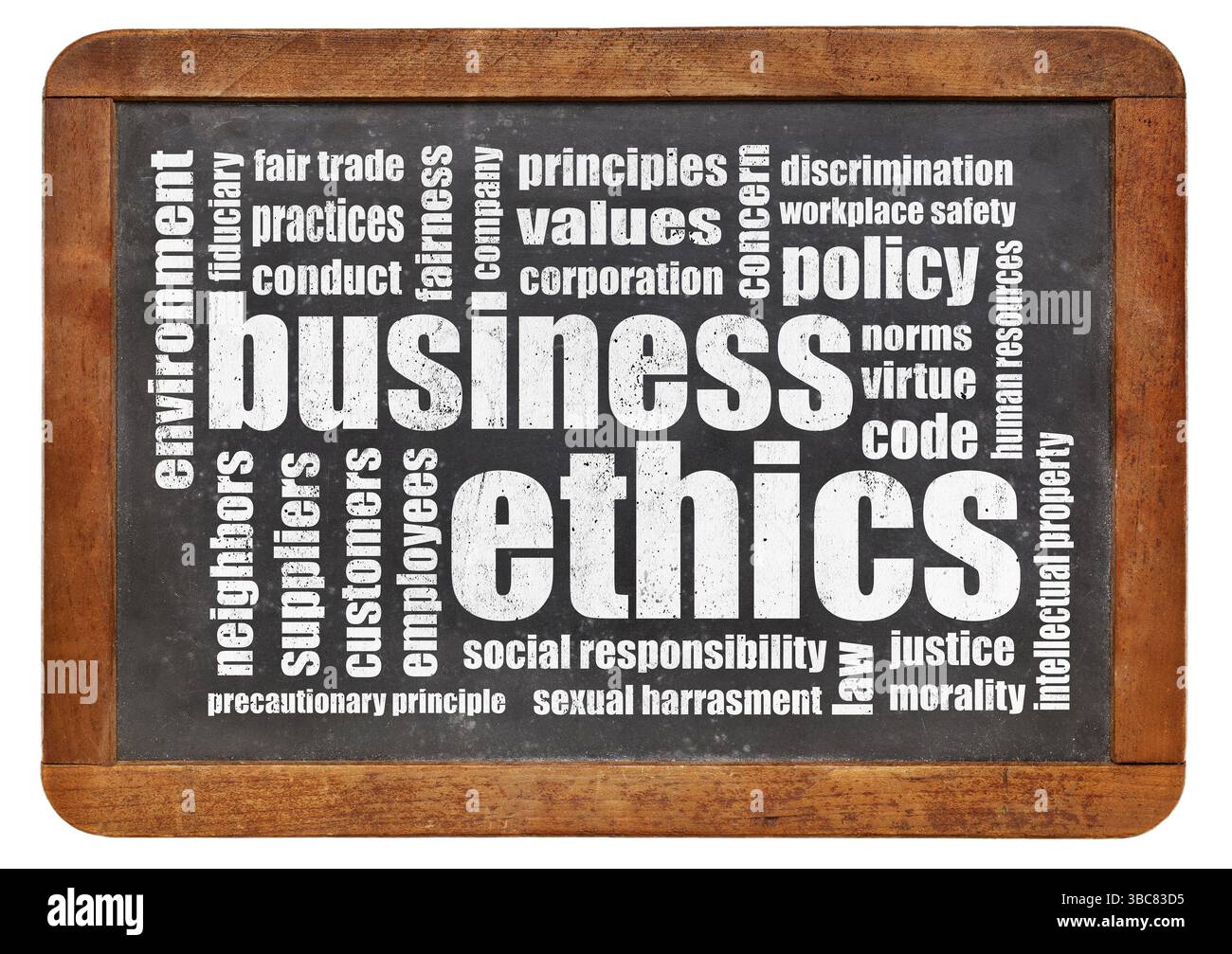 Business ethics word cloud on a vintage blackboard Stock Photo - Alamy