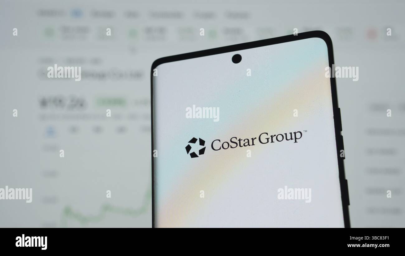 Dhaka, Bangladesh 16 May 2025: mobile phone with logo of American real estate company CoStar ...