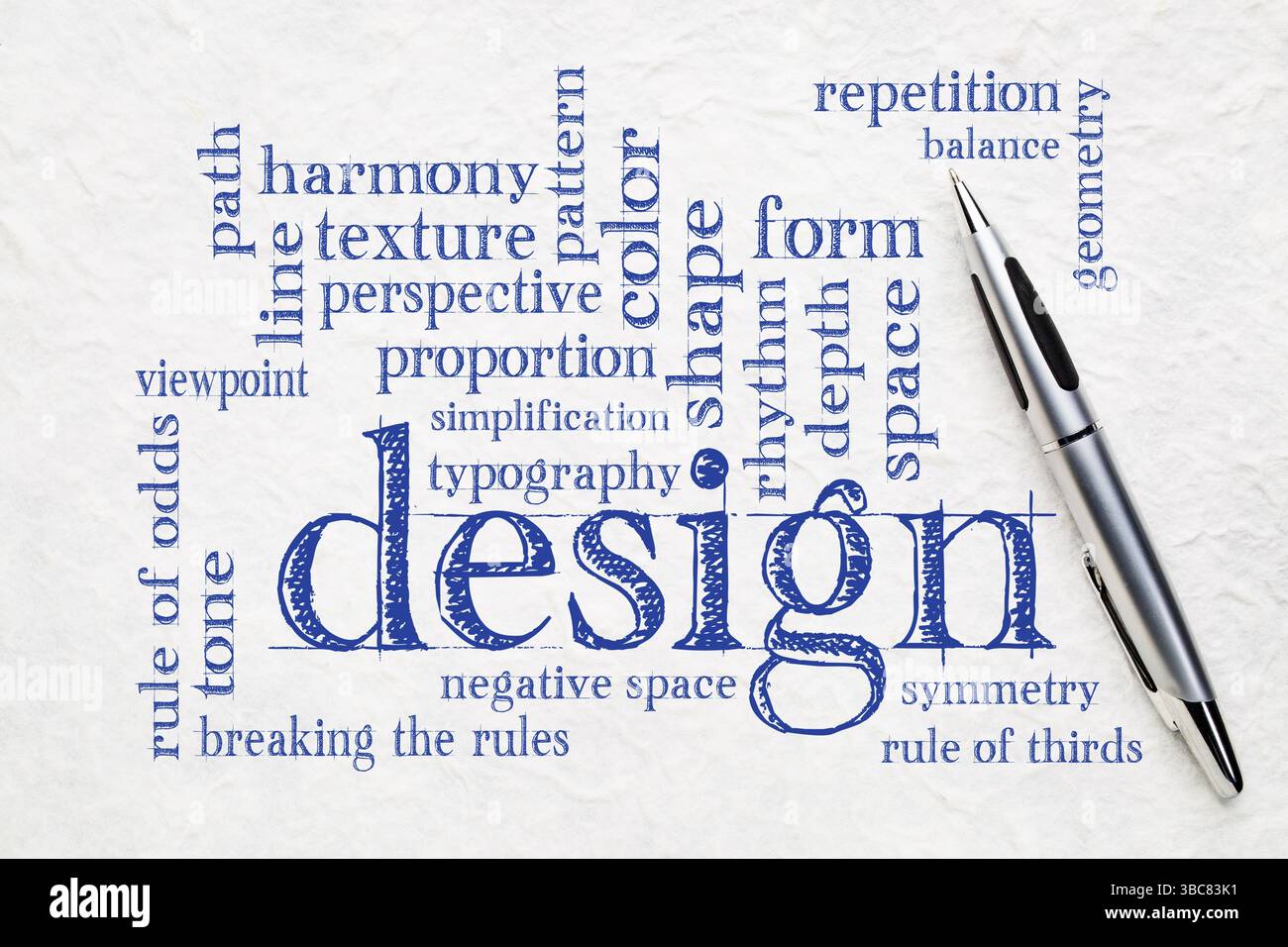 Design elements and rules - a word cloud on white textured lokta paper ...