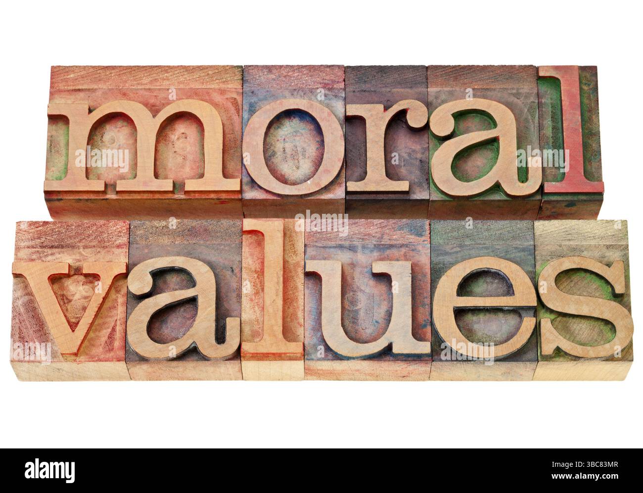 Moral values - ethics concept - isolated phrase in vintage letterpress ...