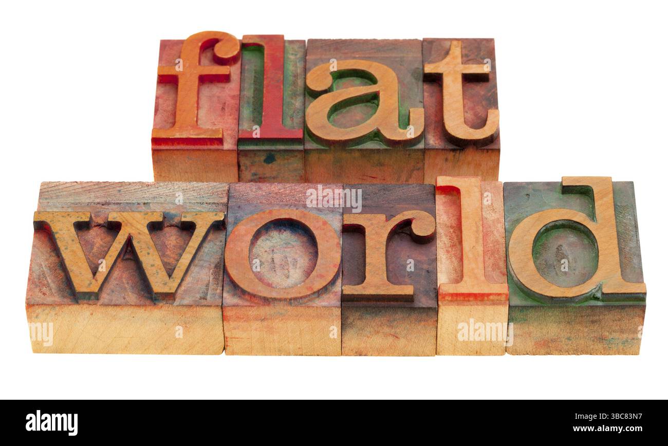 Flat world, globalization concept - words in vintage wooden letterpress ...