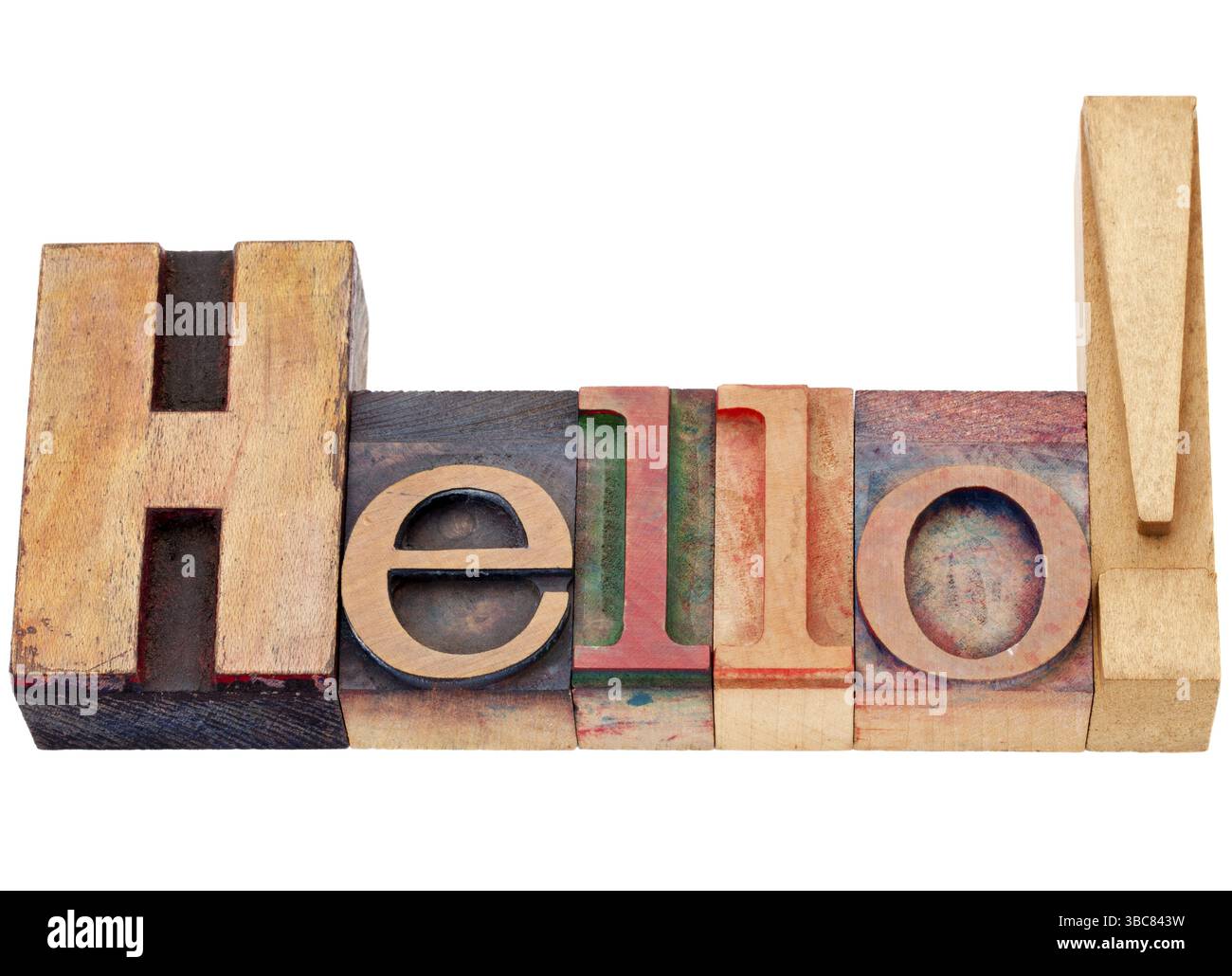 Hello exclamation in isolated vintage wood letterpress printing blocks ...