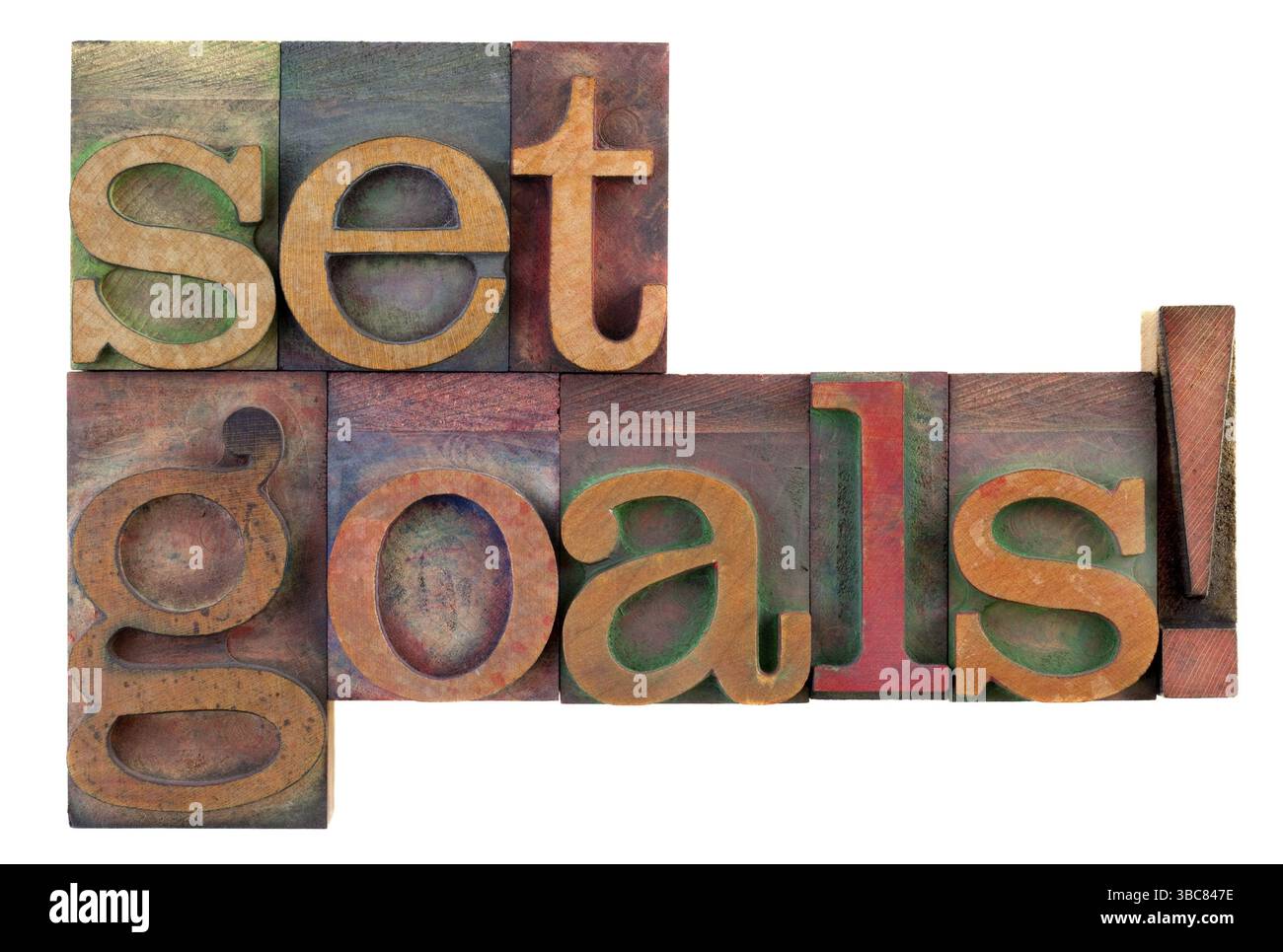 Set goals reminder in vintage wooden letterpress type blocks, stained ...