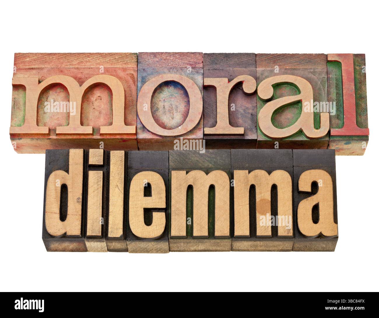 Moral dilemma - ethics concept - isolated text in vintage letterpress ...