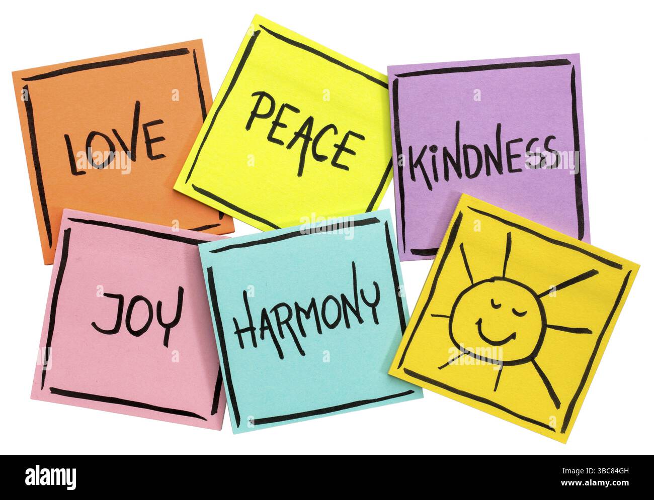 Love, peace, kindness, joy and harmony with sun smiley - isolated set ...