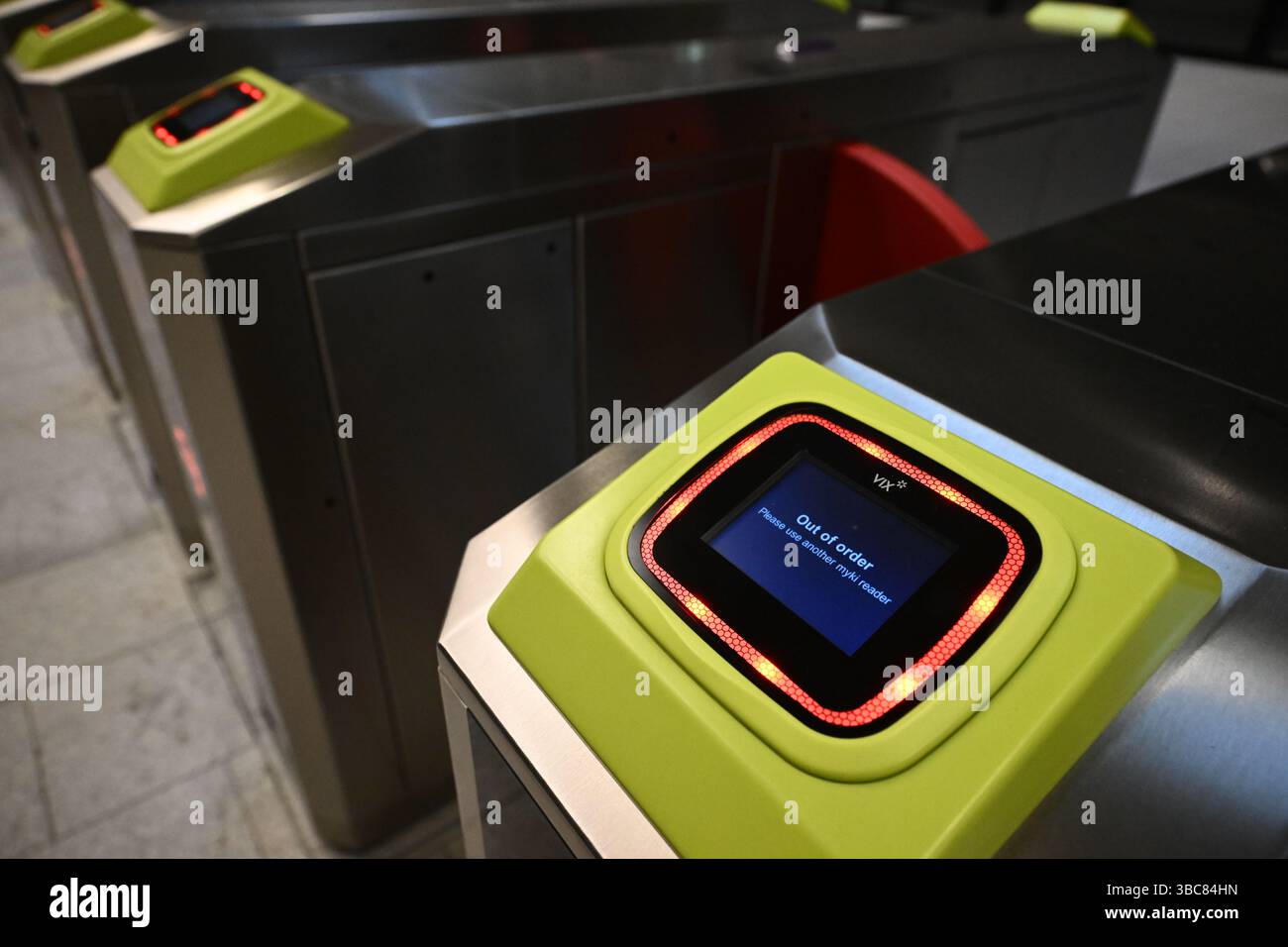 Melbourne, Australia. 19th May, 2025. A myki card reader showing an out ...