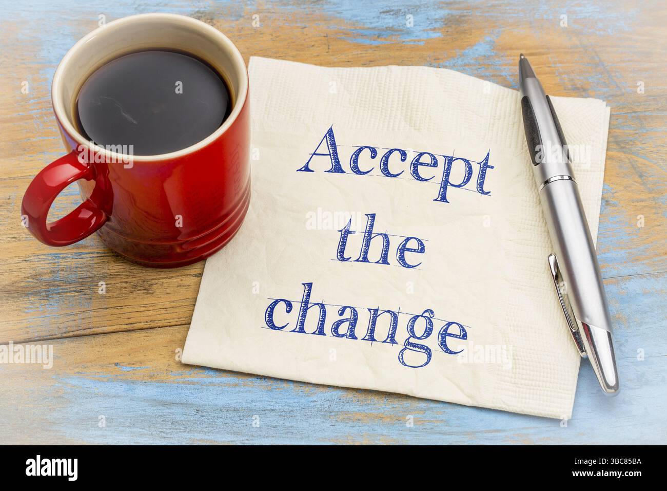 Accept the change - inspirational handwriting on a napkin with cup of ...