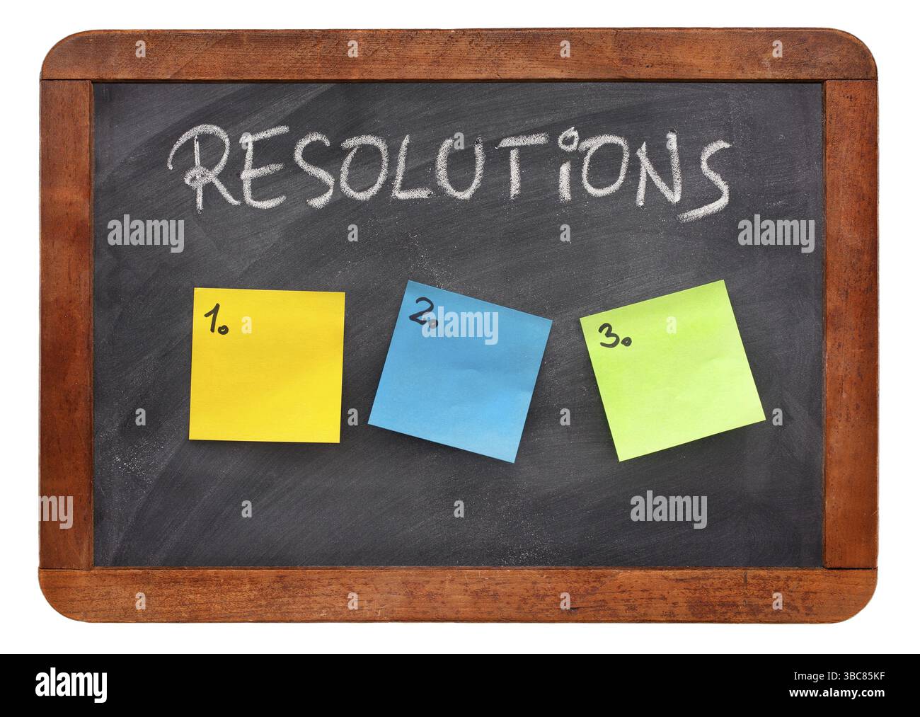 List of resolutions on vintage blackboard with three blank sticky notes ...