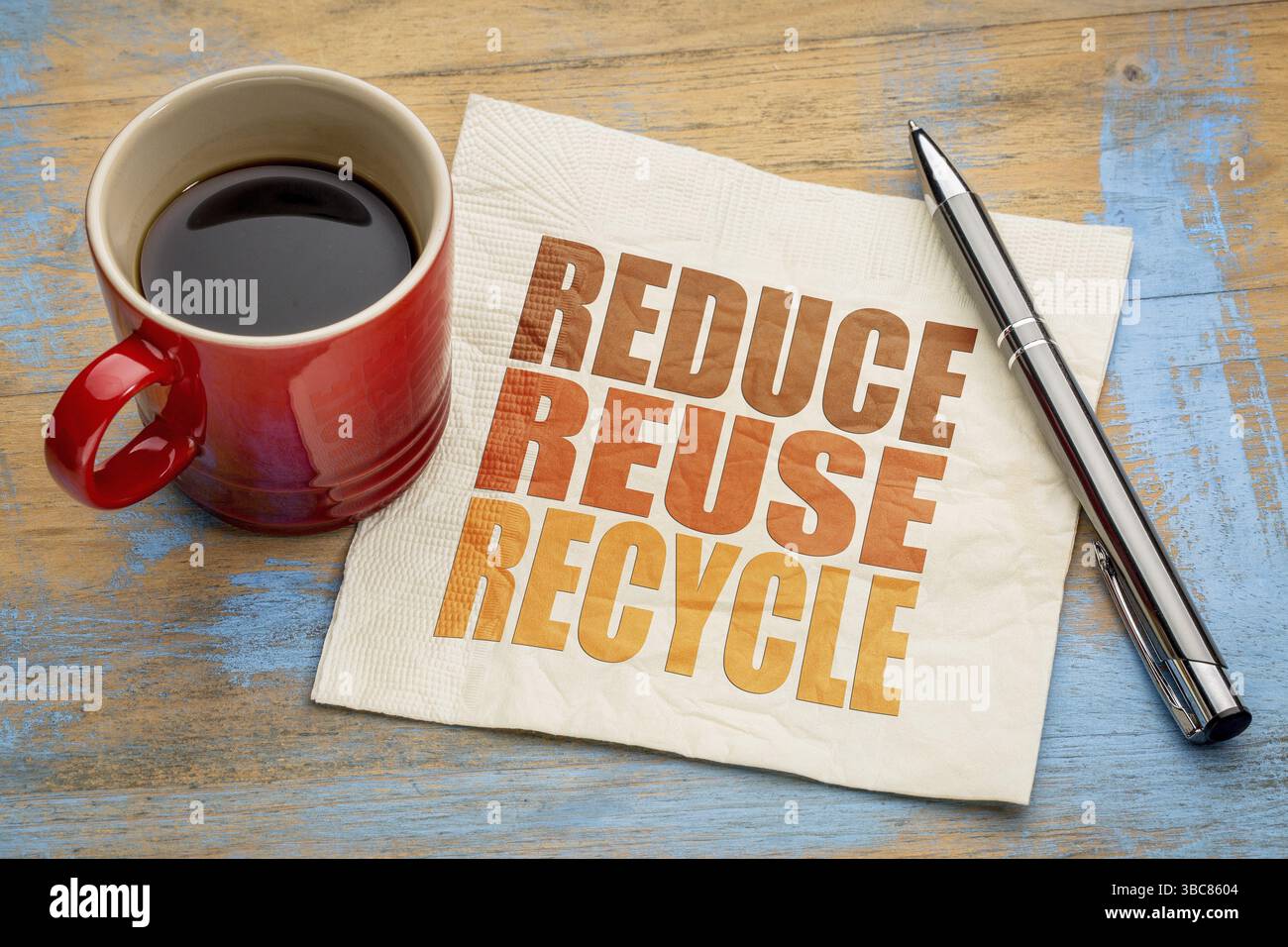 Reduce, reuse, recycle word abstract on a napkin with a cup of coffee - resources conservation ...