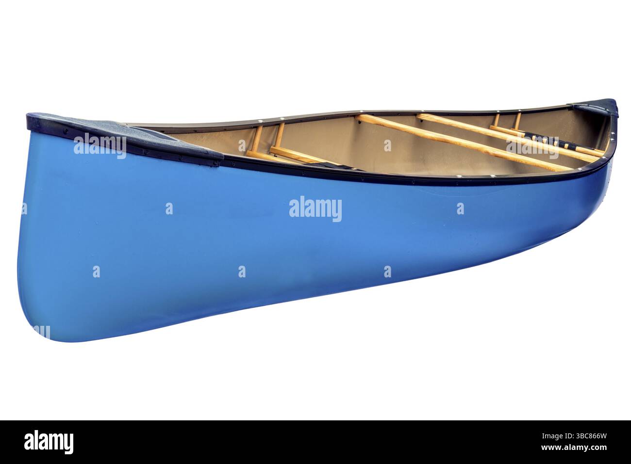 Blue tandem canoe with wood seats isolated on white with a clipping ...
