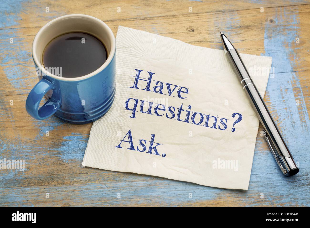 Have questions? Ask. Handwriting on a napkin with a cup of espresso ...