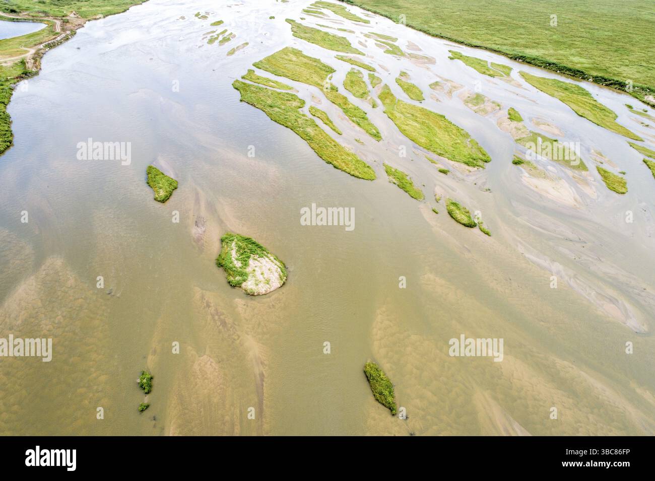 Aerial view of shallow and braided Platte River near Kearney, Nebraska ...