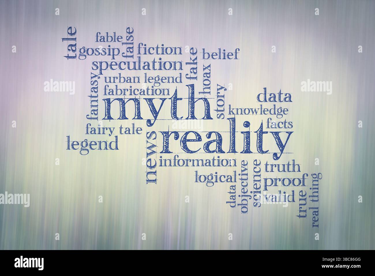 Myth versus reality word cloud - handwriting against color motion blur ...