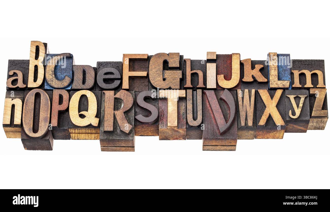 English alphabet abstract in antique wood letterpress printing blocks ...