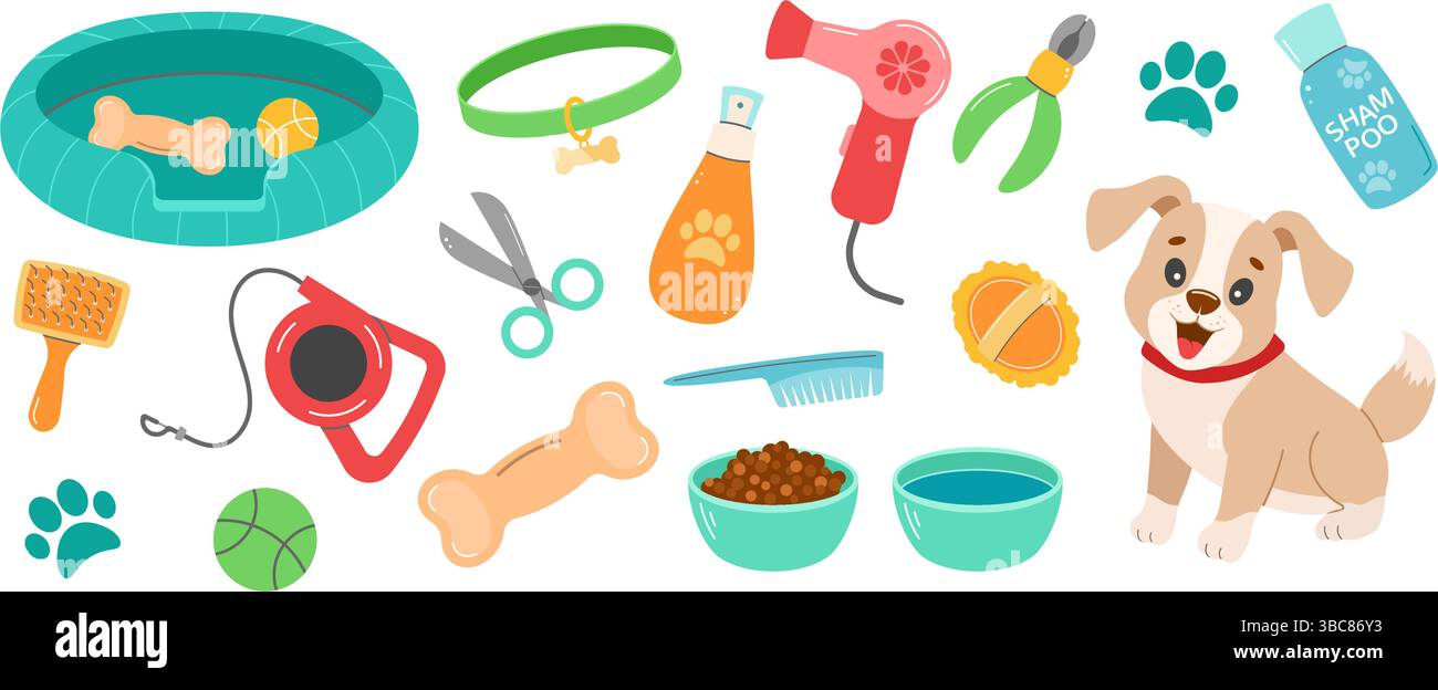 Set of pets accessories. Adorable puppy with various pet accessories ...