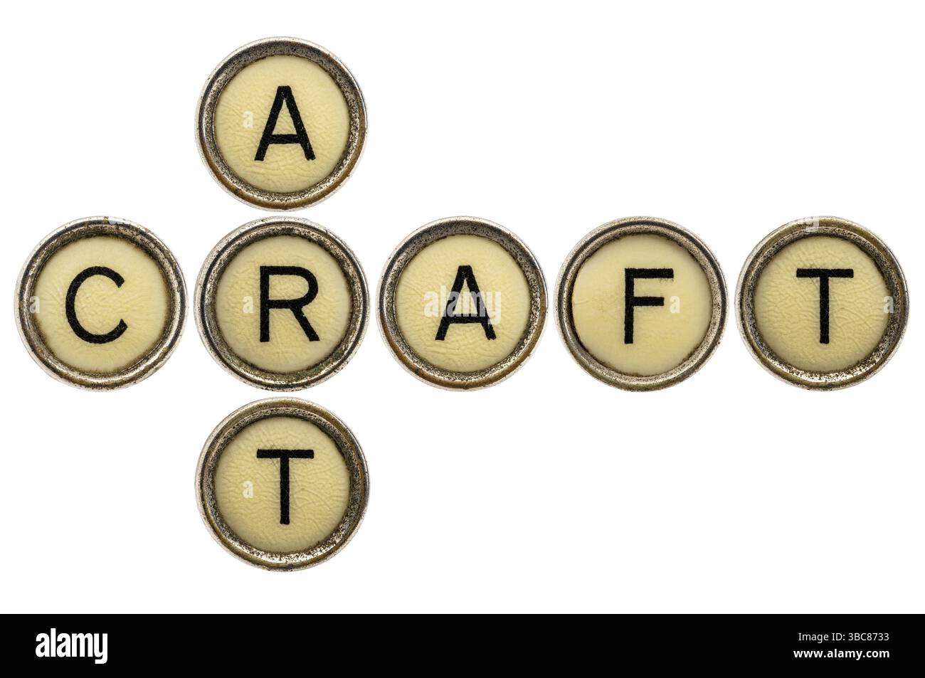 Art and craft crossword in old round typewriter keys isolated on white ...