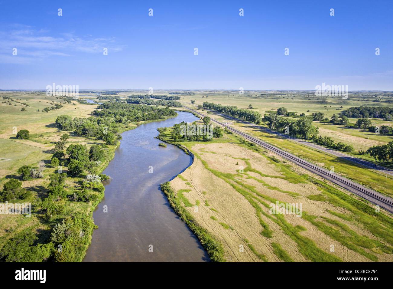 Aerial landscape of Nebraska Sandhills with the Middle Loupe River near ...