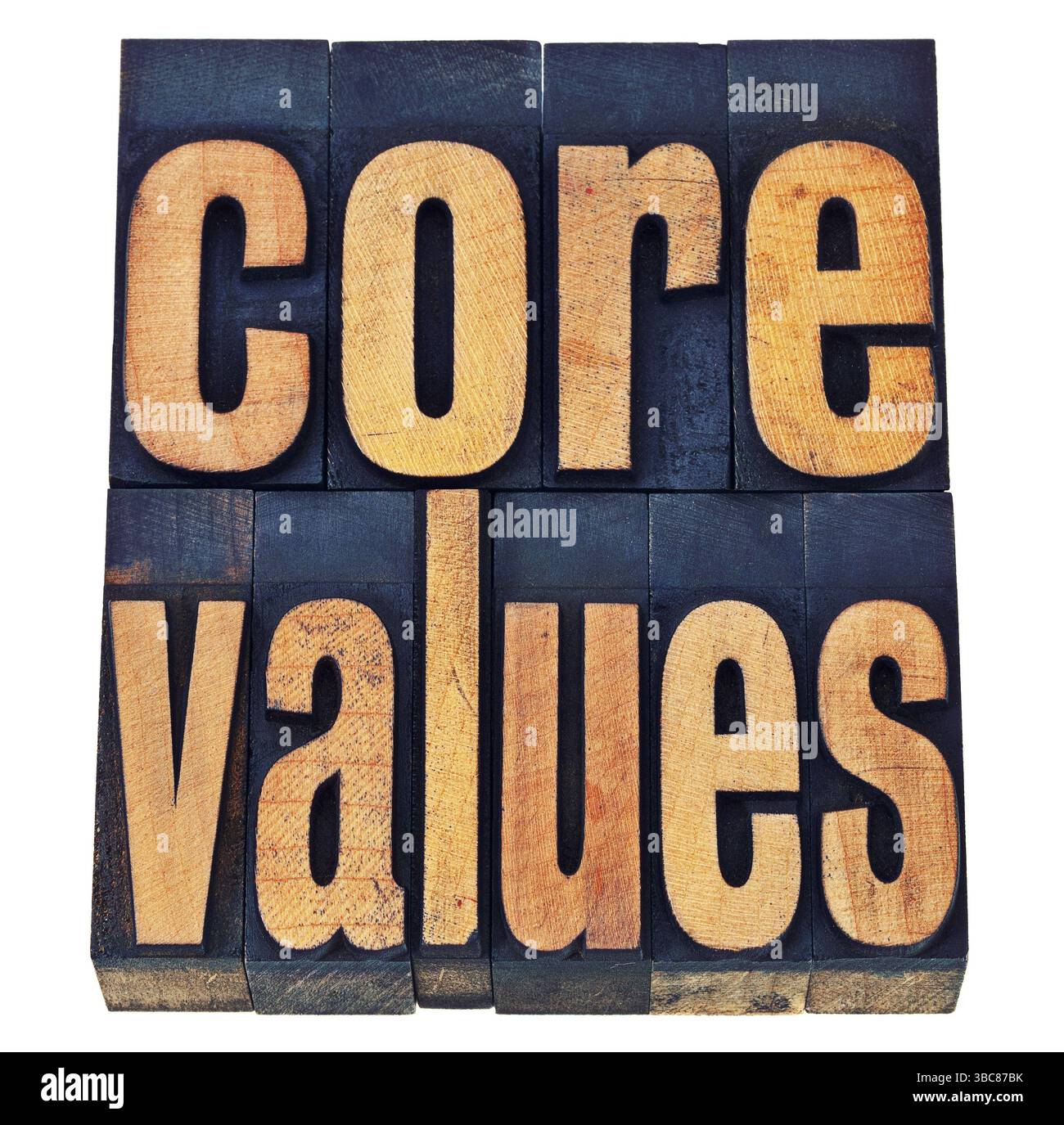 Core values - ethics concept - isolated text in vintage letterpress ...