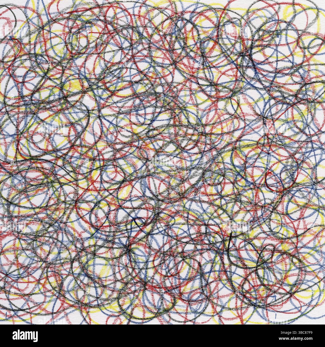 Hand-drawn crayon circular scribble on white paper, red, blue, black ...
