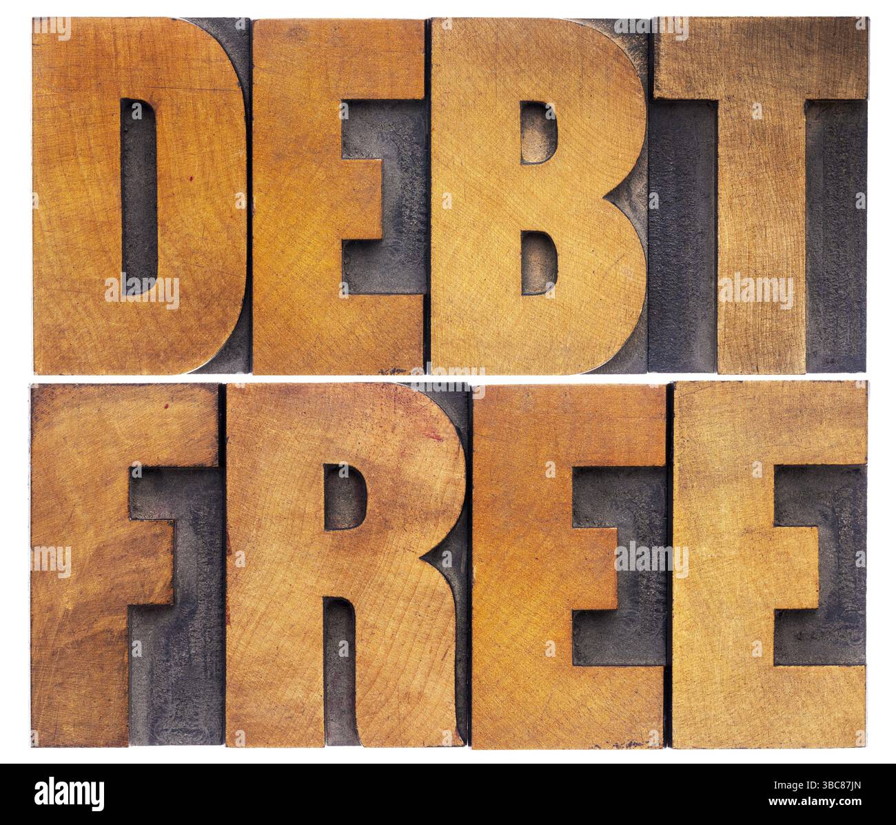 Debt free - financial concept - isolated text in vintage letterpress ...
