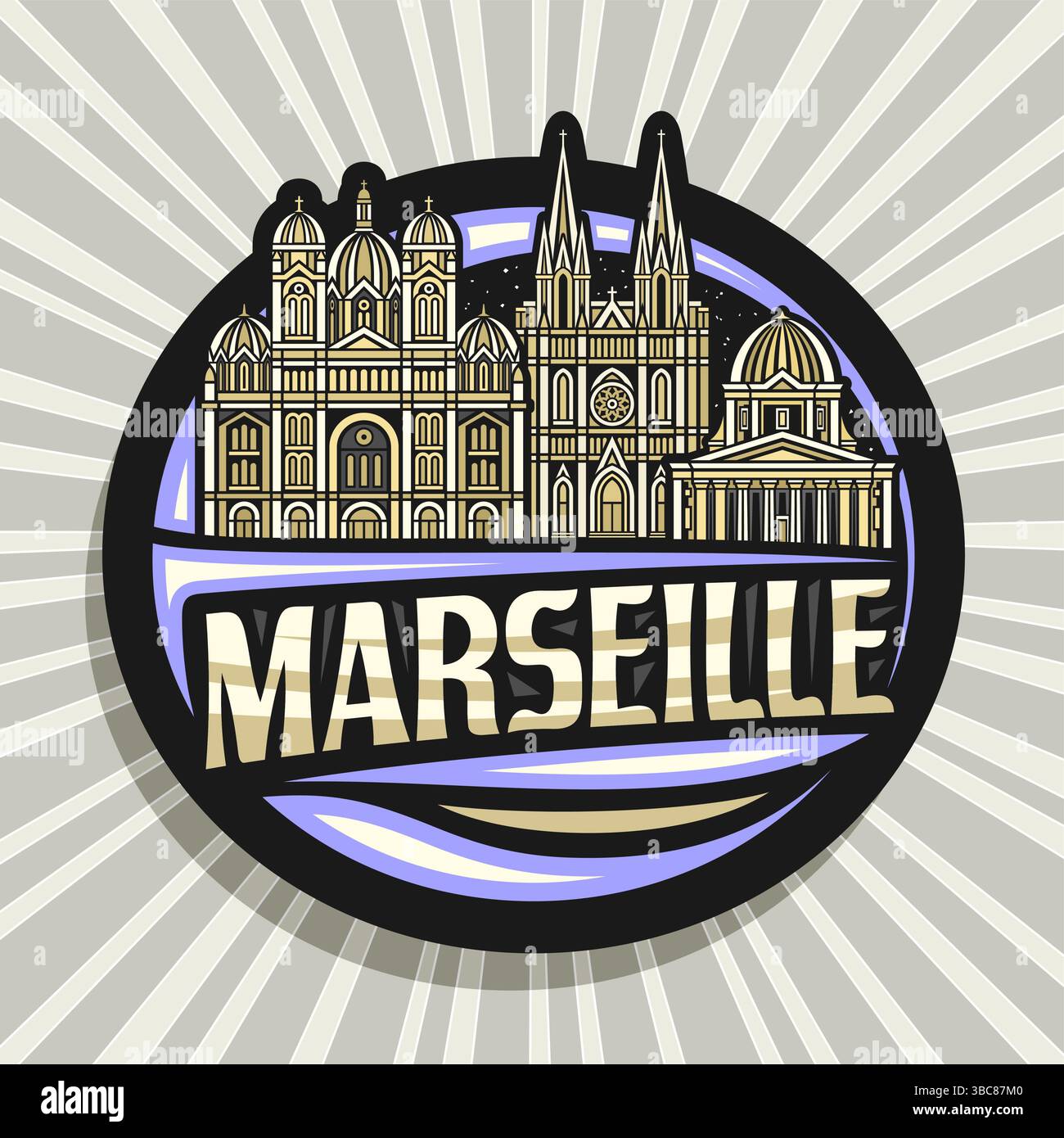 Vector logo for Marseille, dark decorative tag with draw illustration ...
