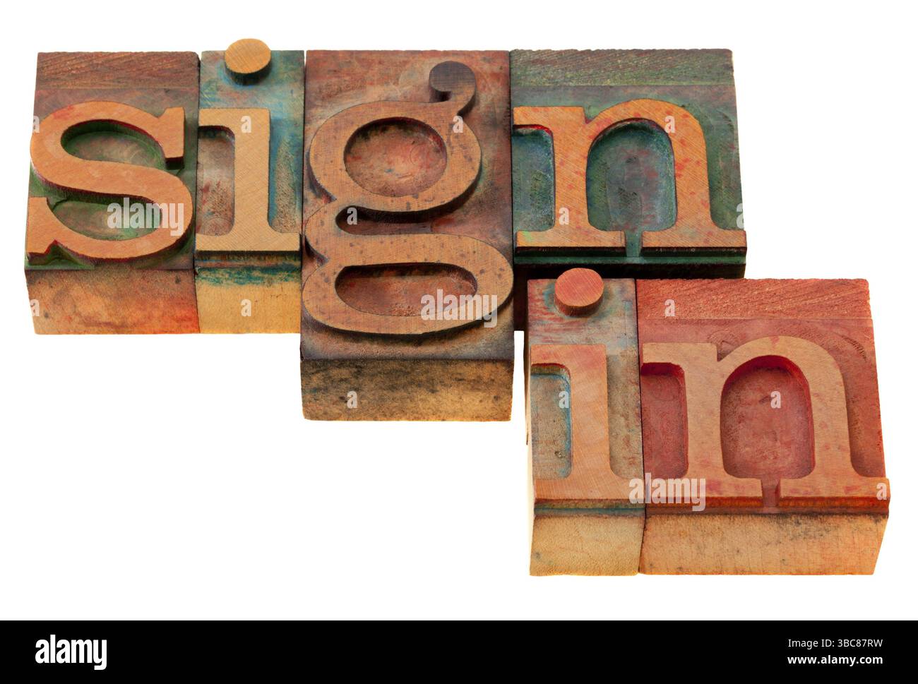 Sign in - words in vintage wooden letterpress printing blocks, isolated ...