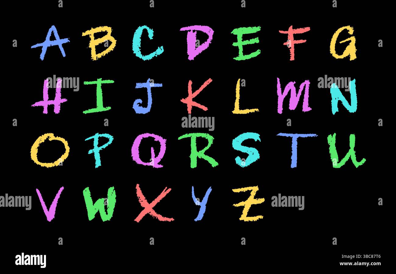 English alphabet hand-drawn in a crayon. Capital colorful letters in ...
