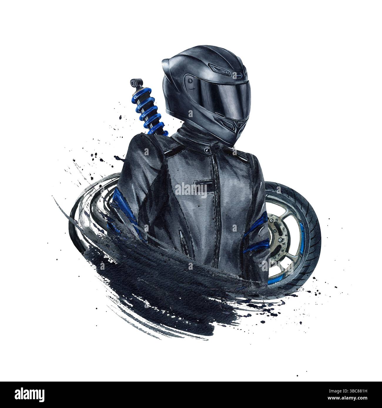 Motorcyclist in helmet. Composition biker, moto wheel, abstract road ...