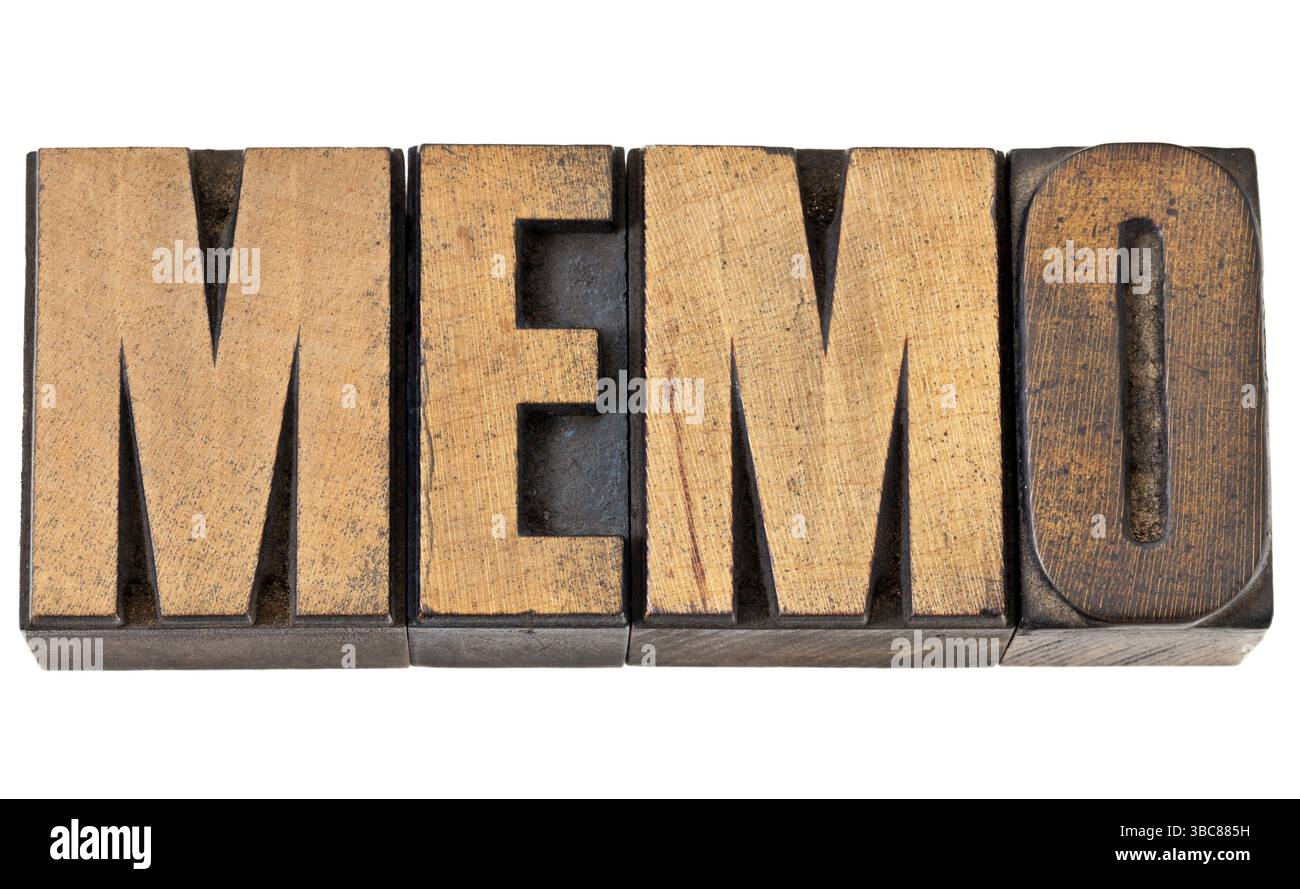 Memo (memorandum) - isolated text in vintage letterpress wood type ...