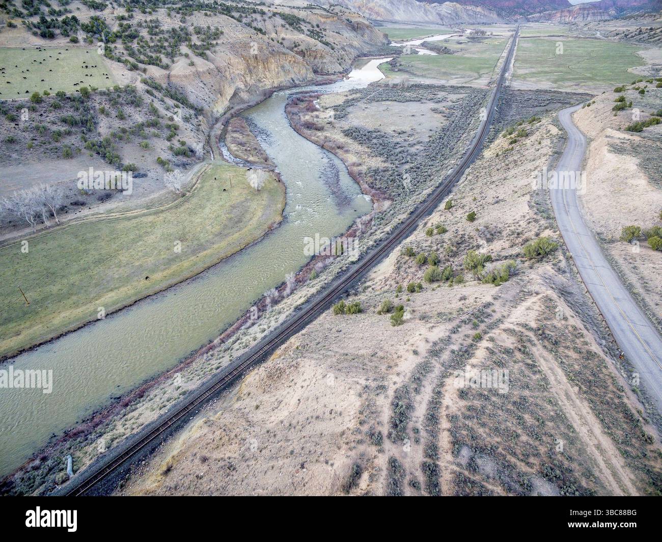 Aerial view railroad, highway and of the Colorado RIver above Dotsero ...