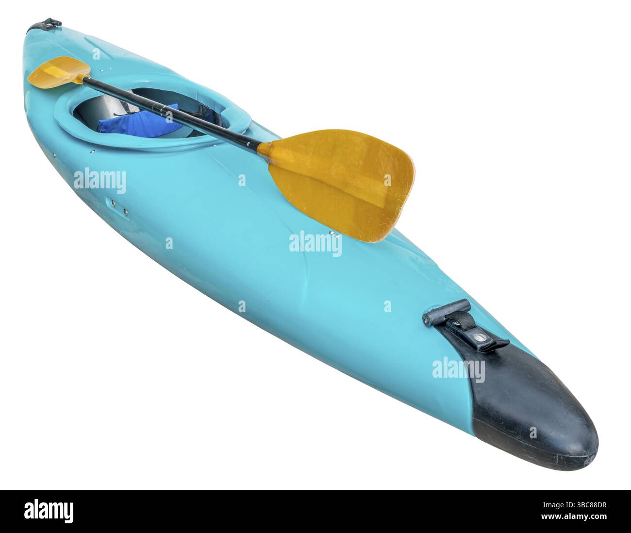 Blue plastic old whitewater kayak with a paddle, isolated on white with ...
