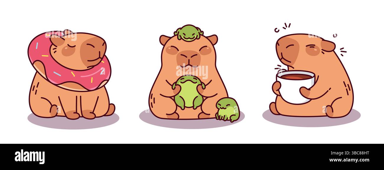 Cute capybara cartoon character set - chubby rodent with donut ...
