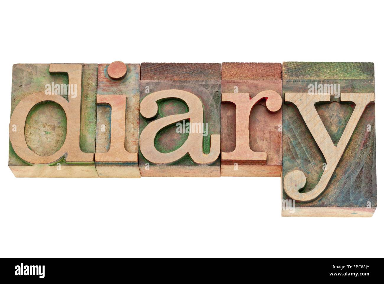 Diary - isolated text in vintage letterpress wood type stained by color ...